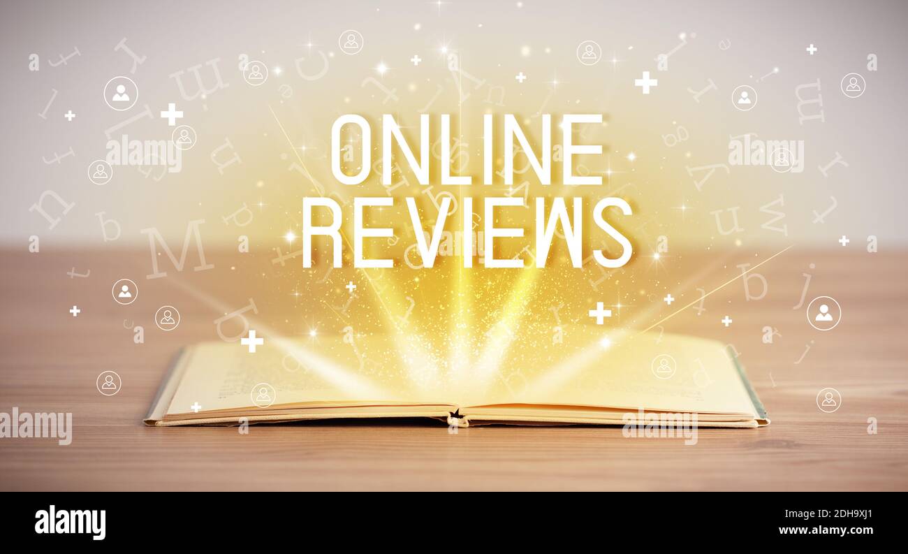 Open book with ONLINE REVIEWS inscription, social media concept Stock ...