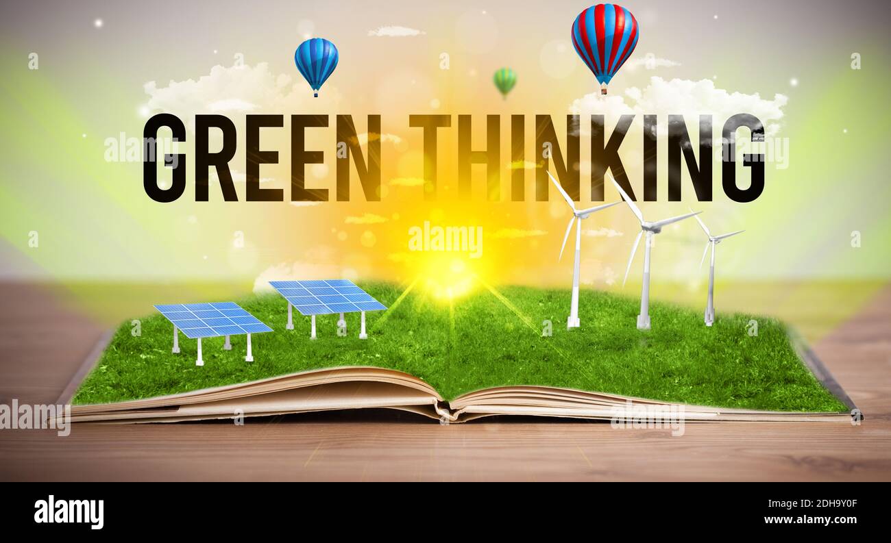 Open book with GREEN THINKING inscription, renewable energy concept ...