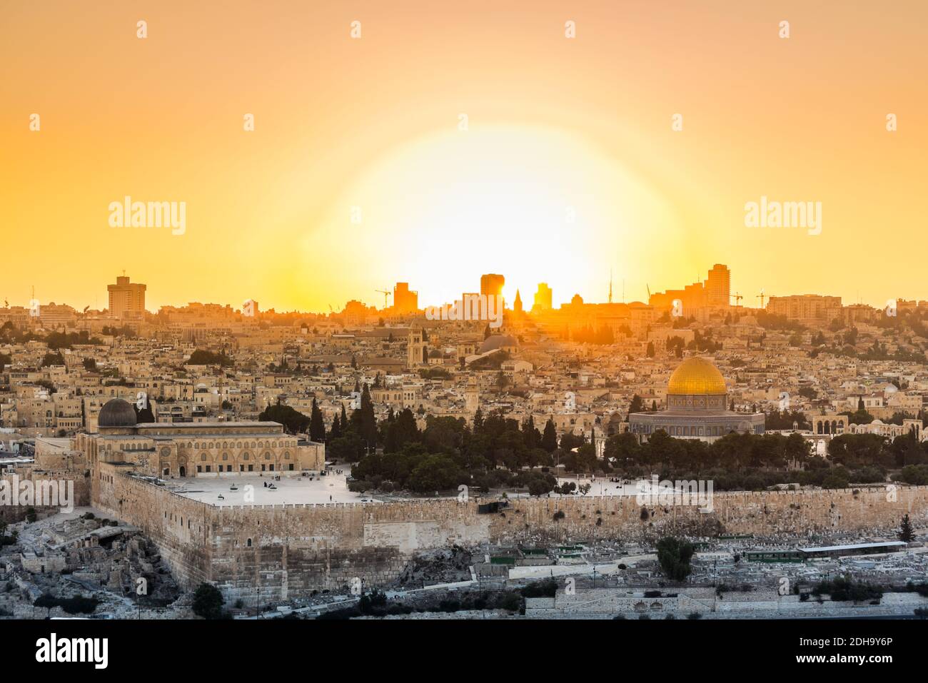 Old city of Jerusalem on the temple mount under golden sunset in the ...