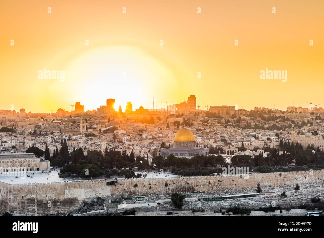 Old city of Jerusalem on the temple mount under golden sunset in the ...
