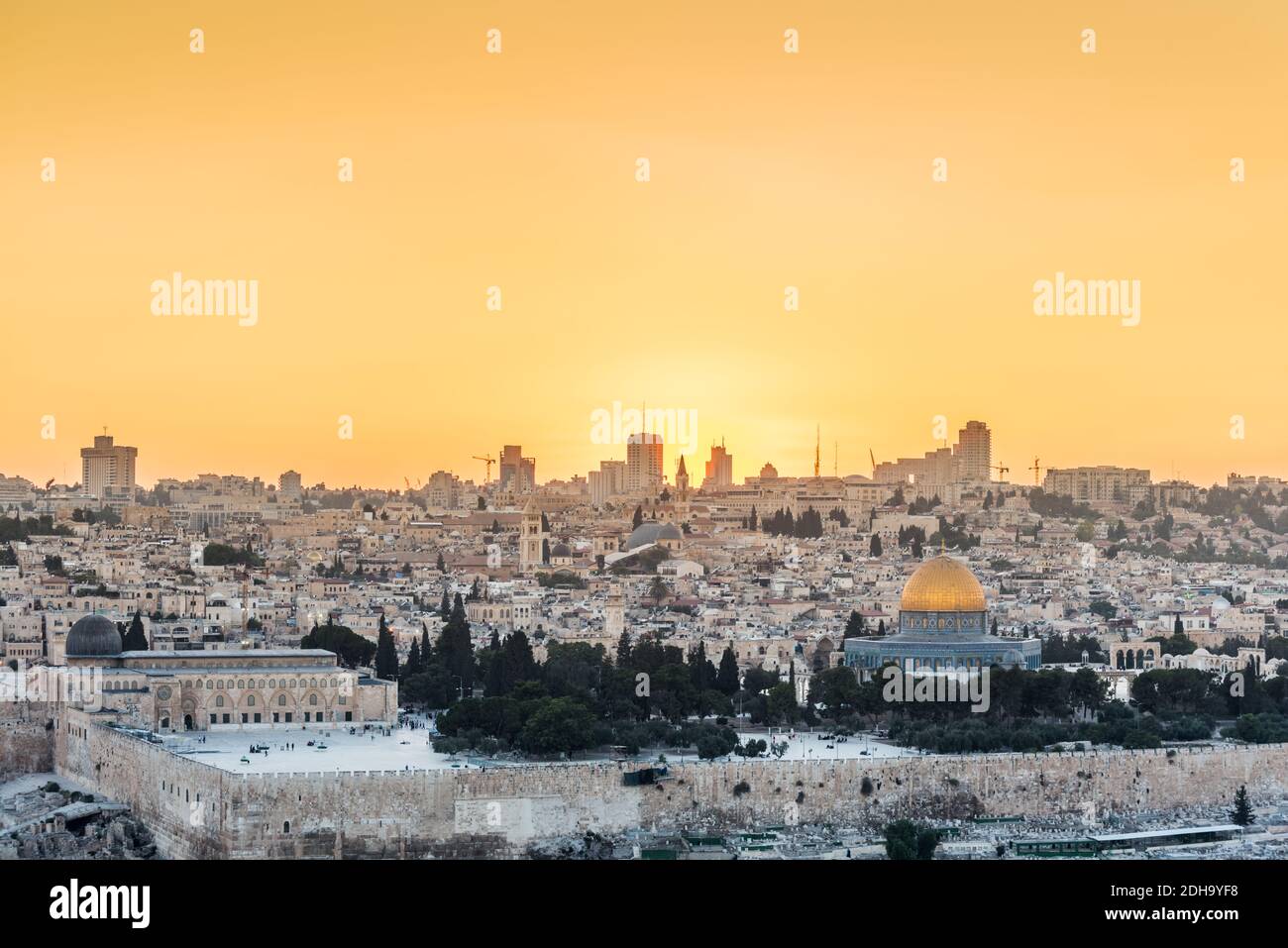 Old city of Jerusalem on the temple mount under beautiful sunset in the ...
