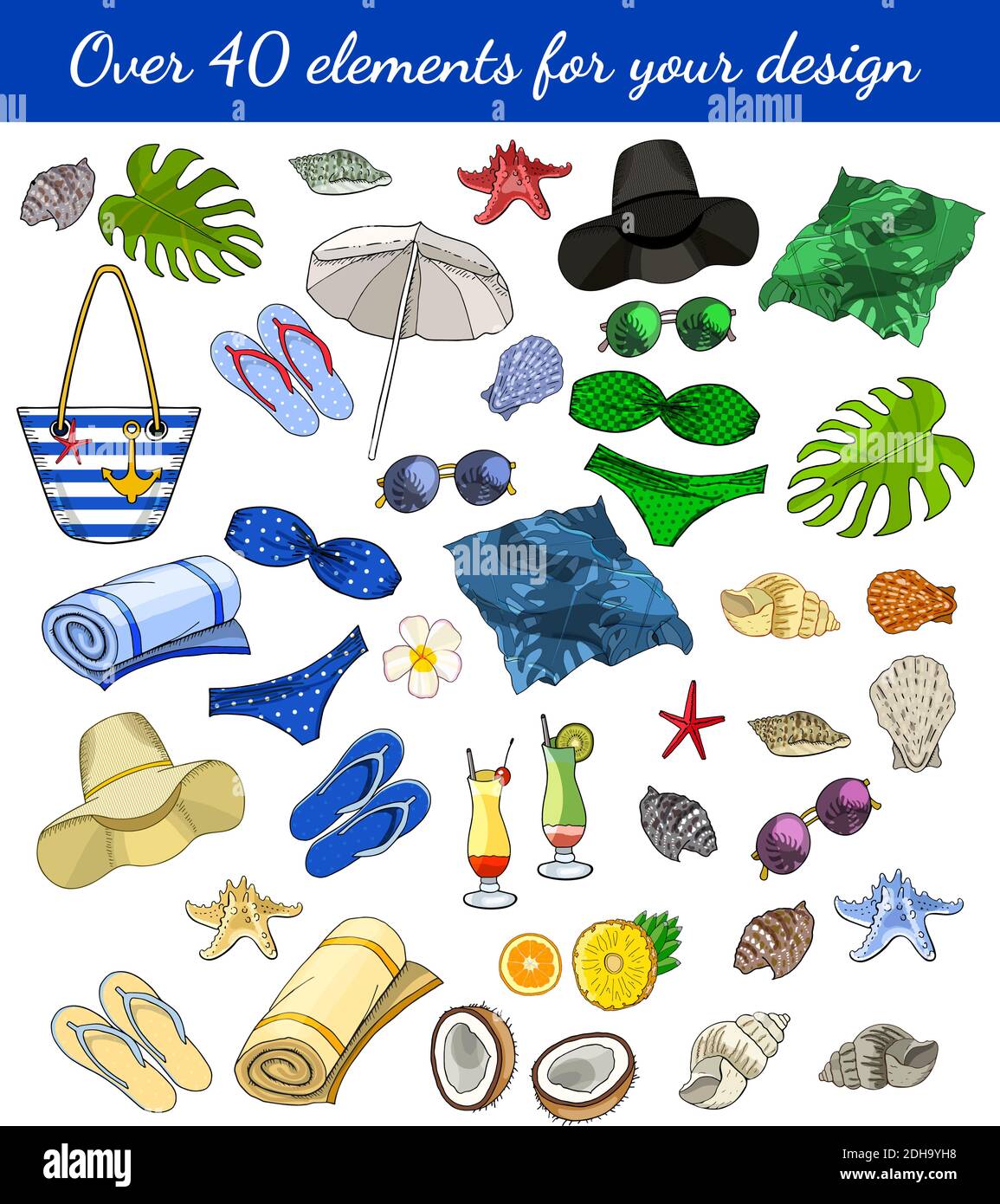Vector summertime illustration set of beach accessories isolated on ...