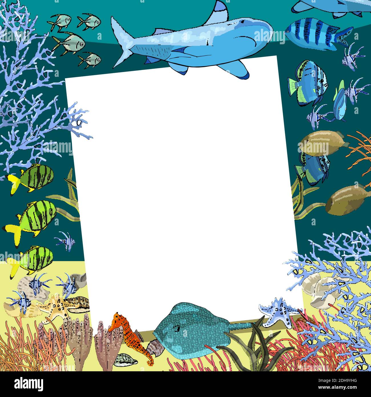 Underwater banner with exotic fish, seahorses, coral on black. Hand ...