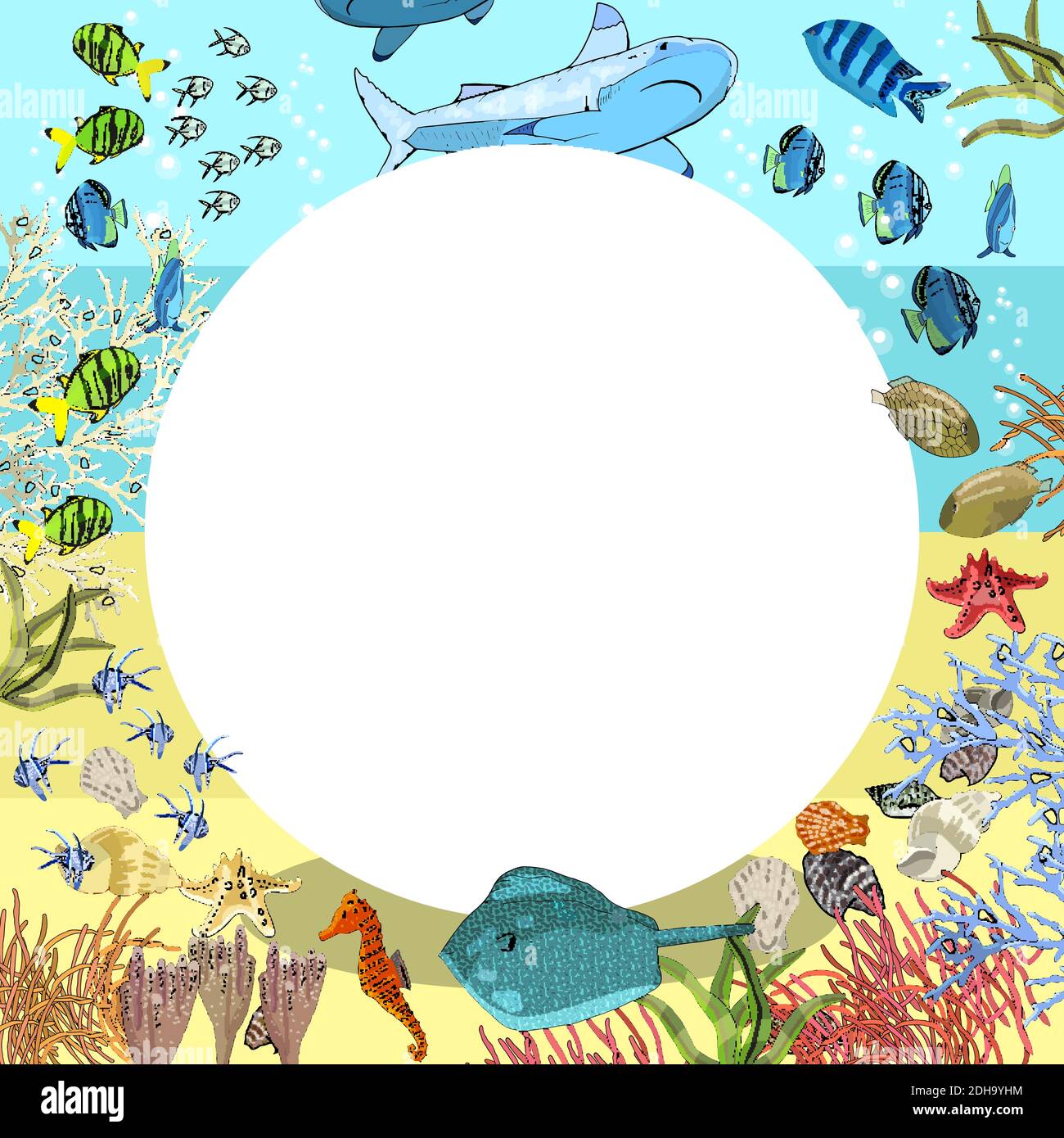 Underwater banner with exotic fish, seahorses, coral on black. Hand ...