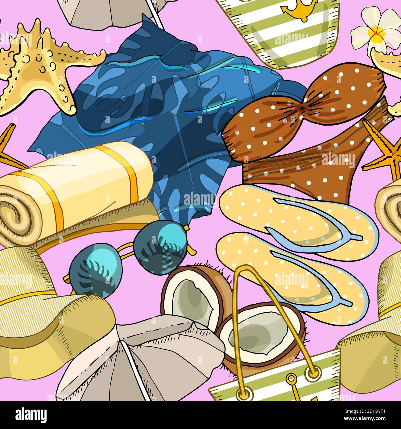 Summer beach seamless pattern on pink background. Vector hand drawn ...