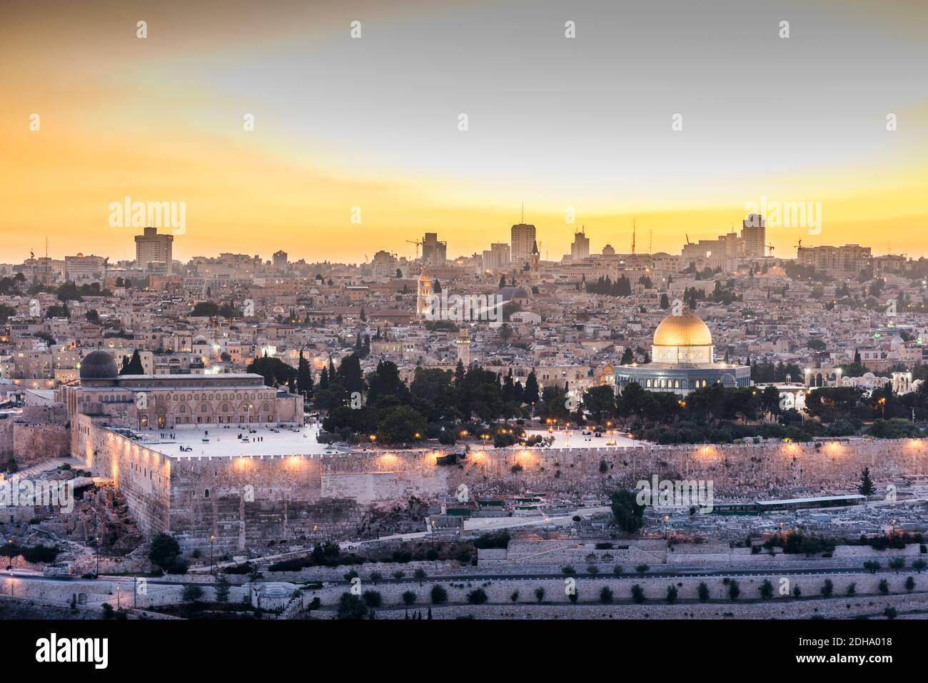 Old city of Jerusalem on the temple mount under beautiful sunset in the ...