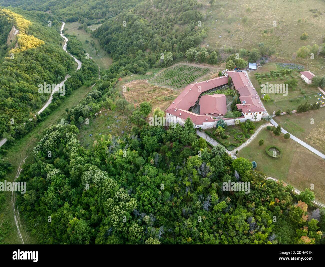 Aerial view of Medieval Rozhen Monastery of the Nativity of the Mother ...