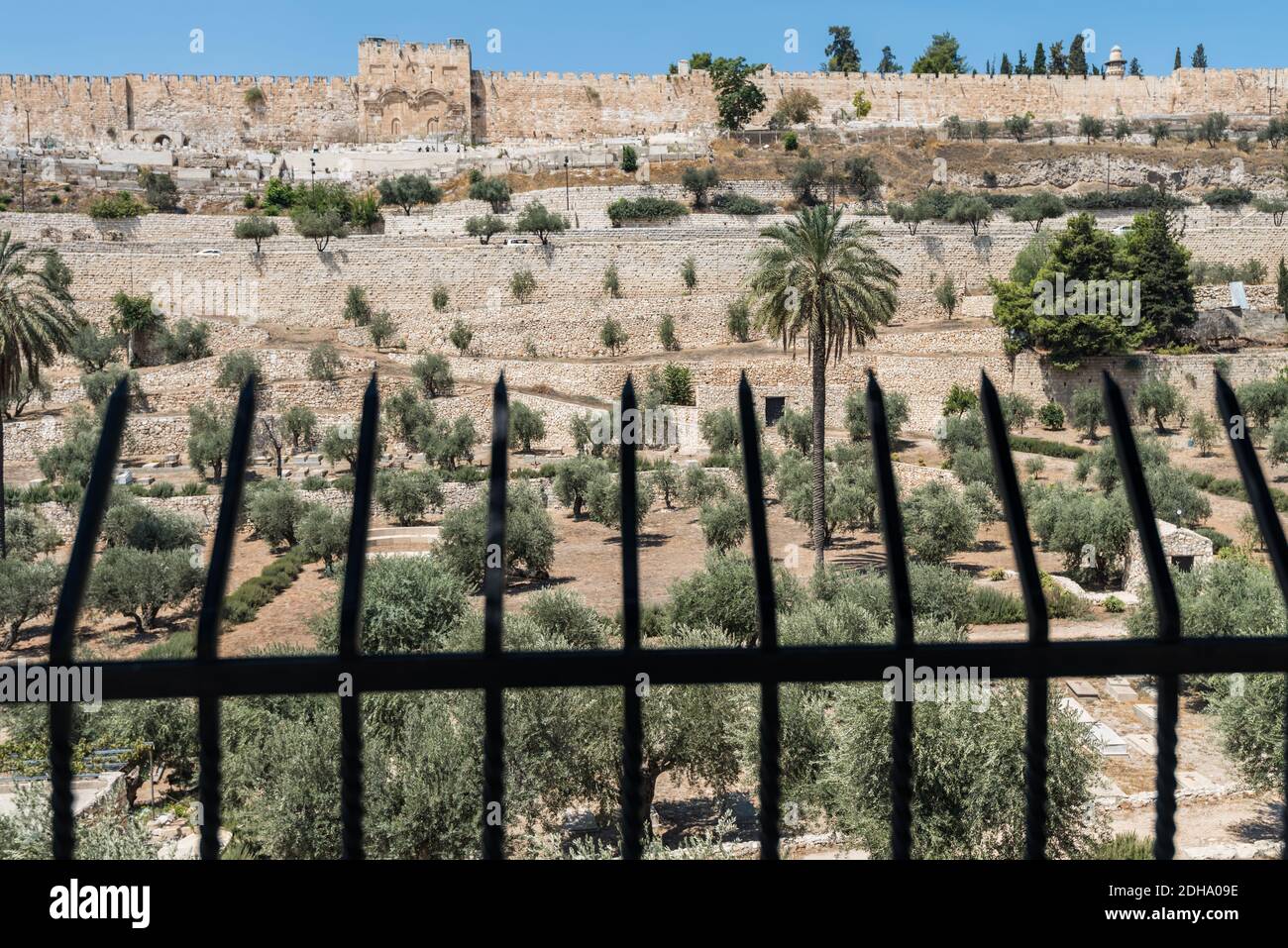 Steel fence in the Kidron Valley, separating the Temple Mount from the ...