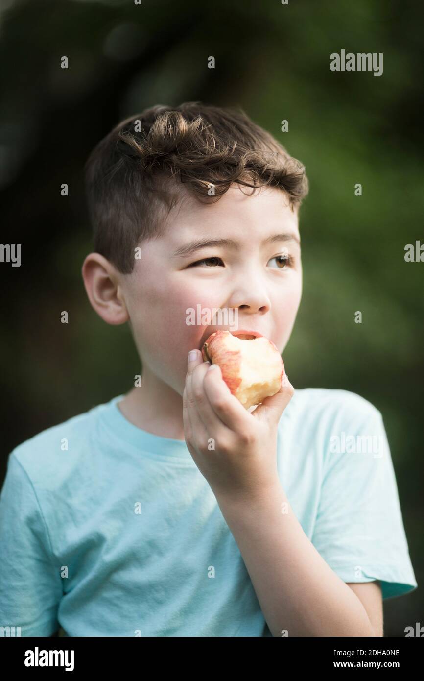 Boy eating apple while looking away Stock Photo - Alamy