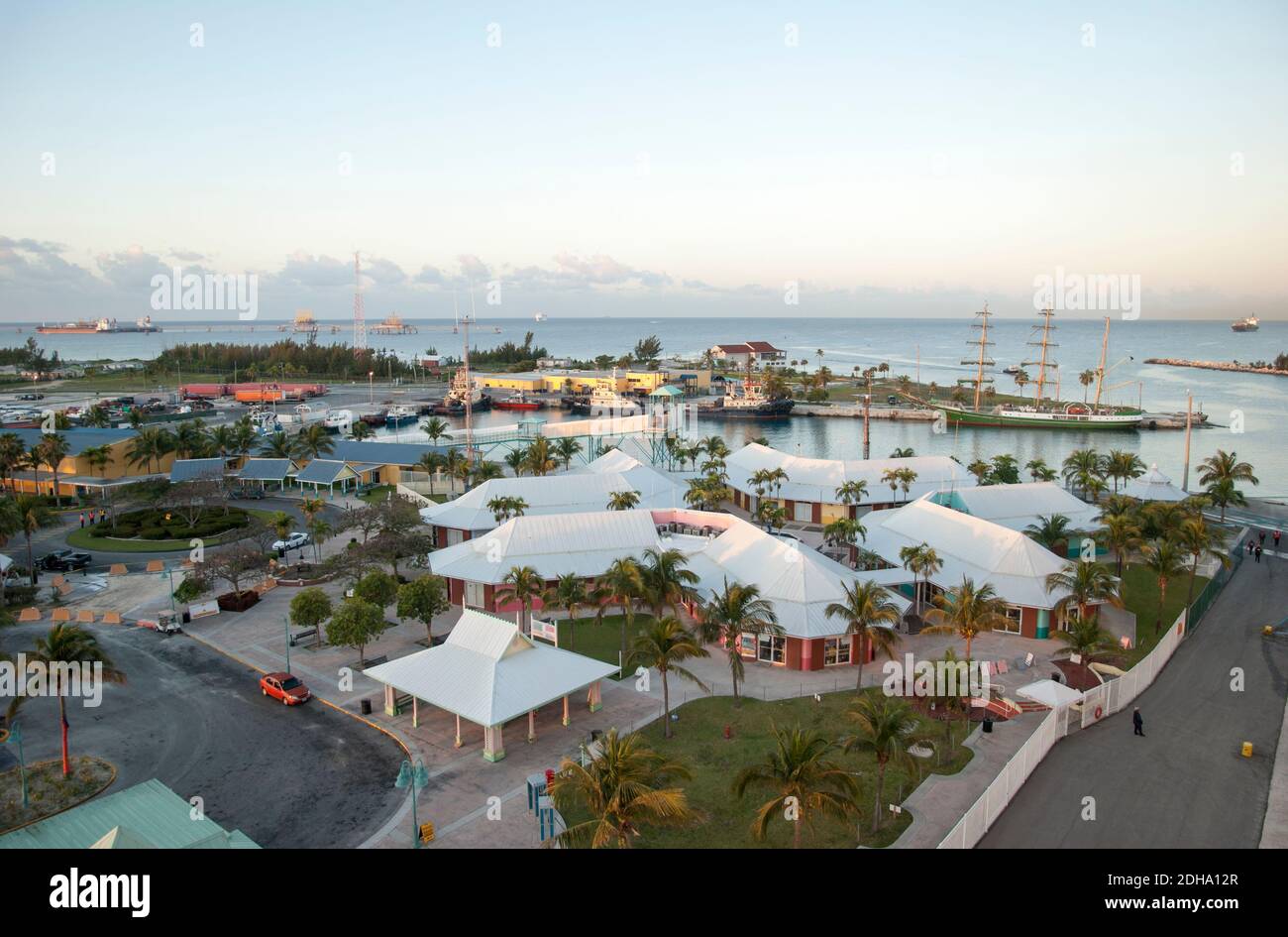 The early morning view of a port tourist village in Freeport town on ...