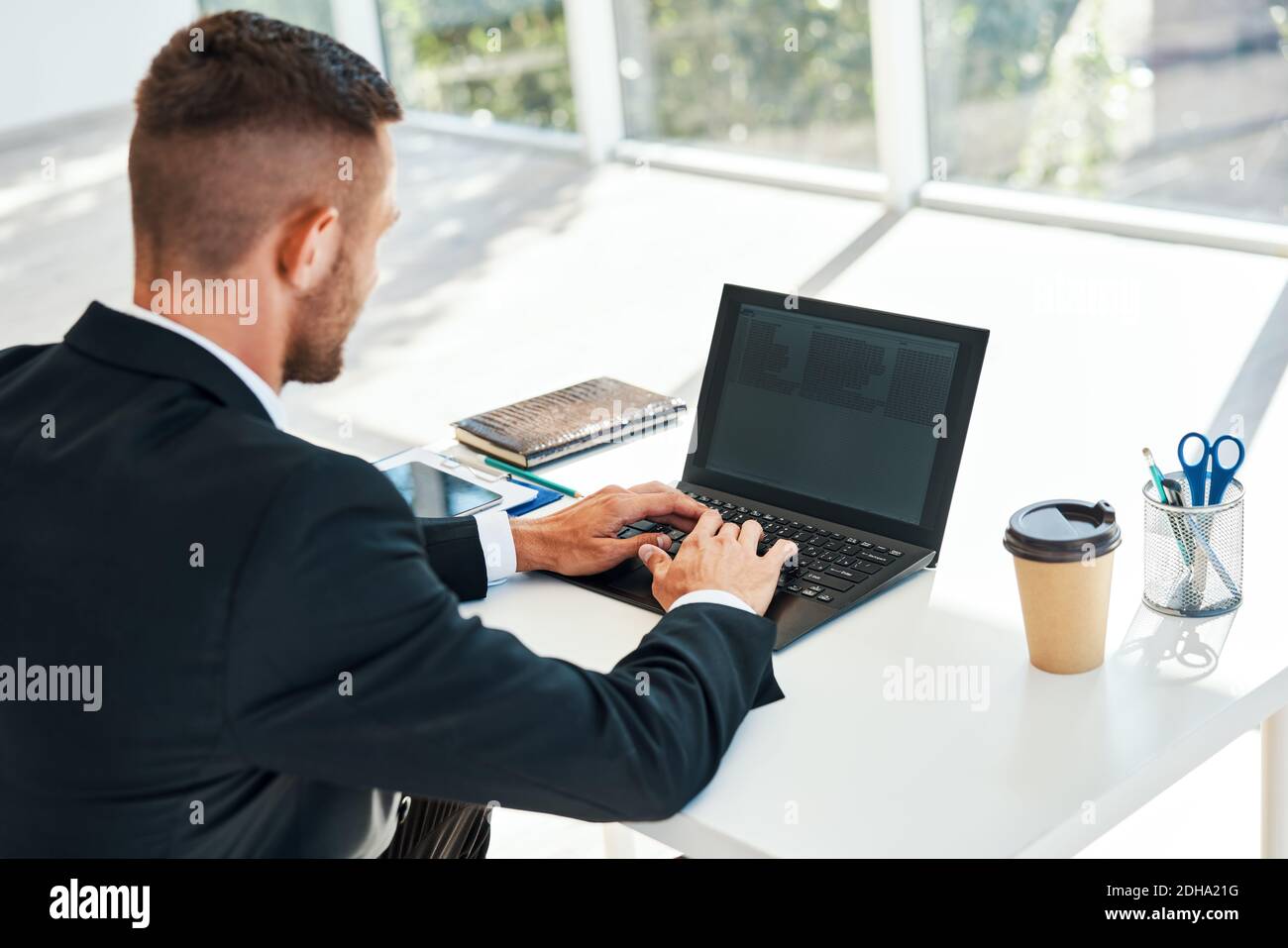 Back view of businessman working with laptop in modern office interior ...