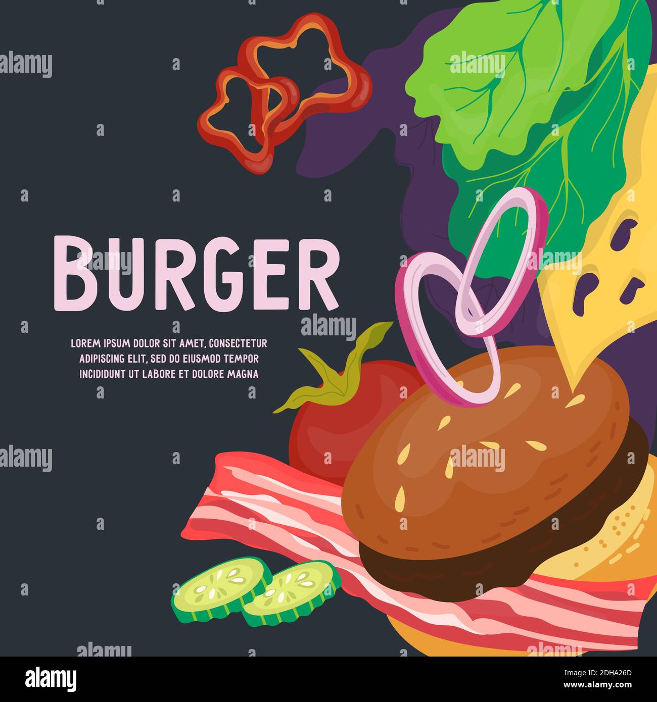 Banner or poster template with burger and food ingredients, flat vector ...