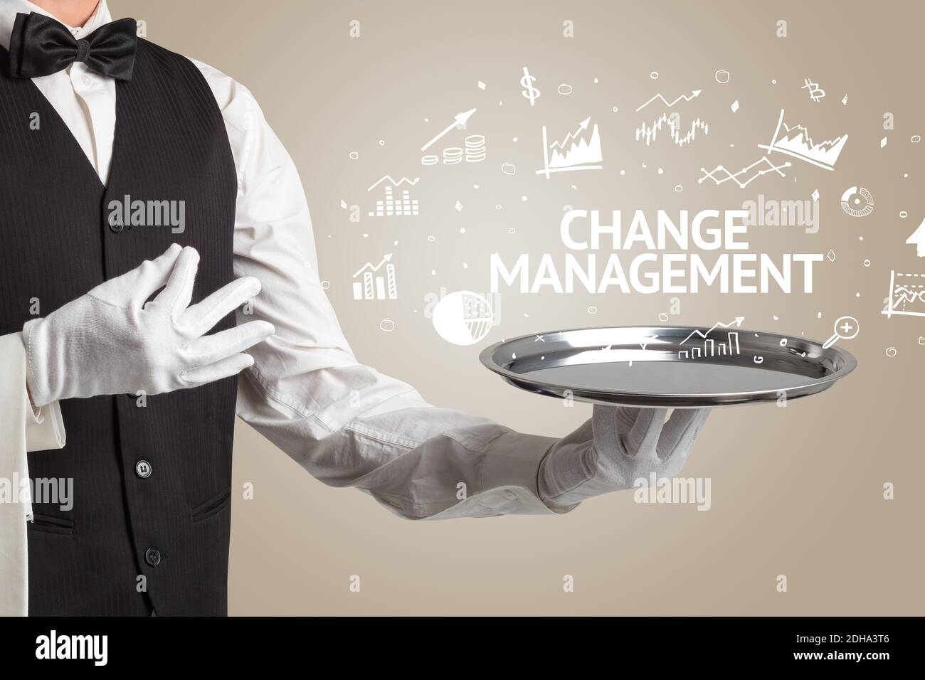 Waiter serving business idea concept with CHANGE MANAGEMENT inscription ...