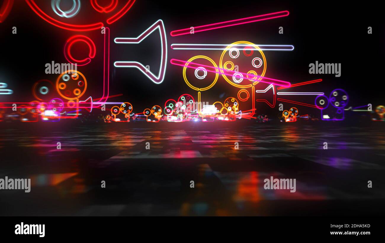 Cinema projector symbol, retro video or film camera neon sign and ...