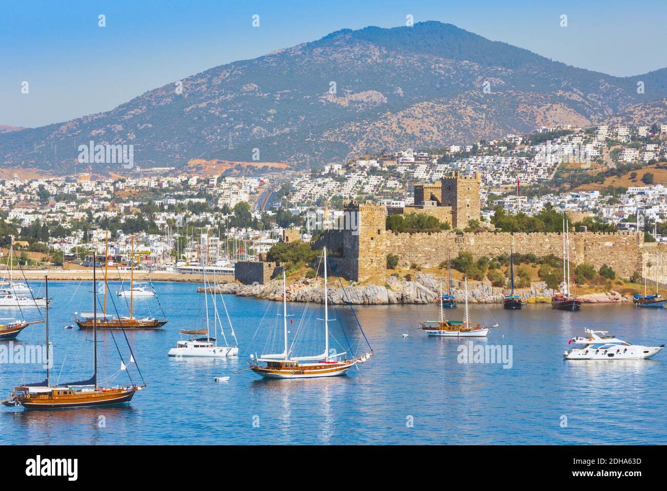 Bodrum, Mugla Province, Turkey. View across harbour to Castle of St ...