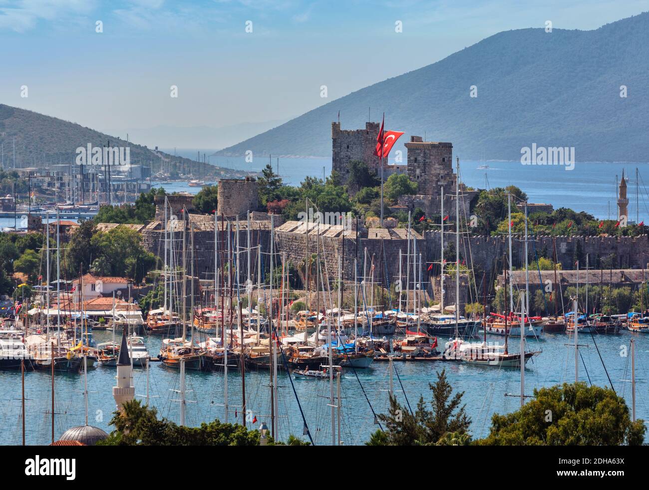 Bodrum, Mugla Province, Turkey. View across harbour to Castle of St ...