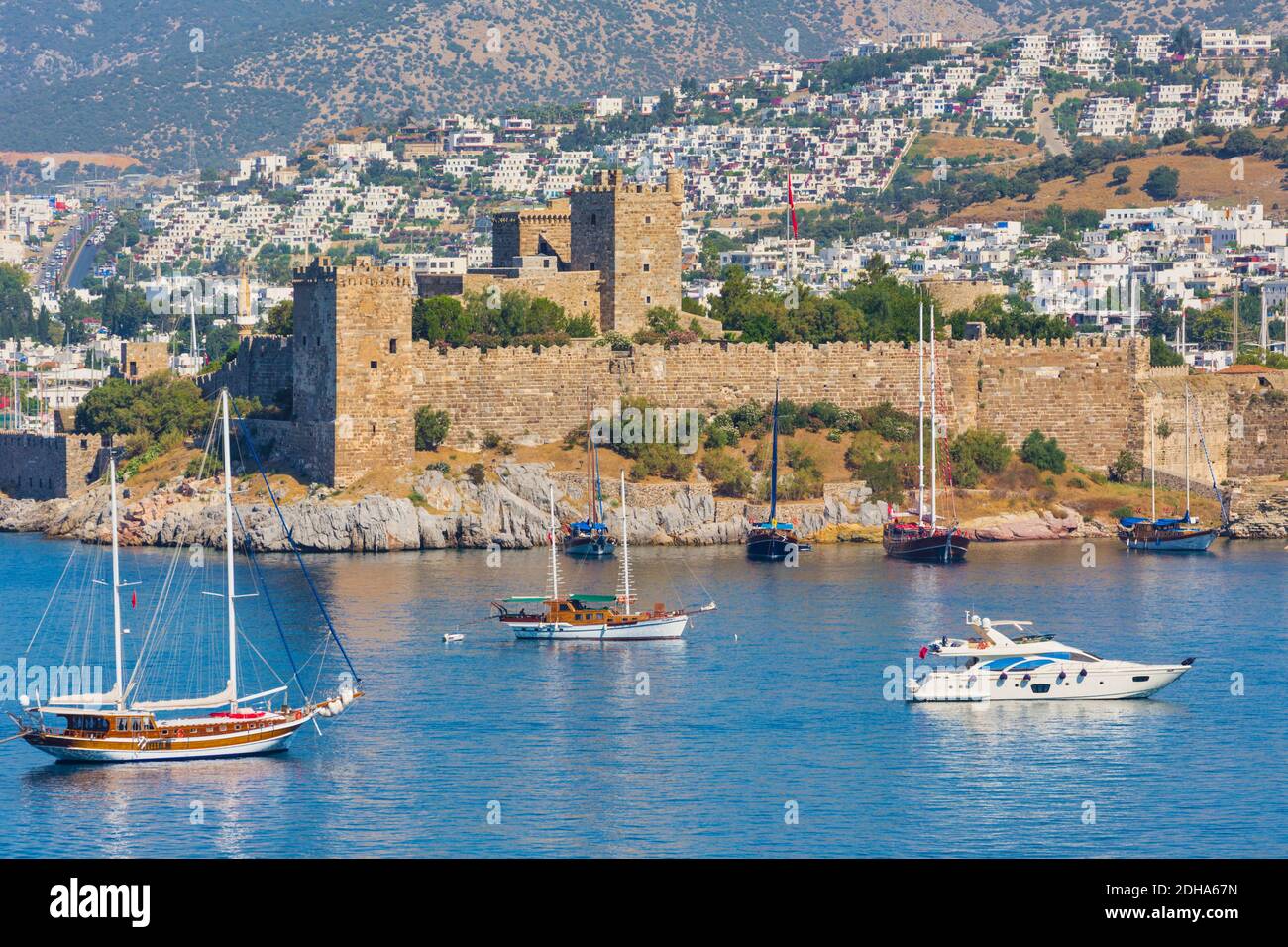 Bodrum, Mugla Province, Turkey. View across harbour to Castle of St ...