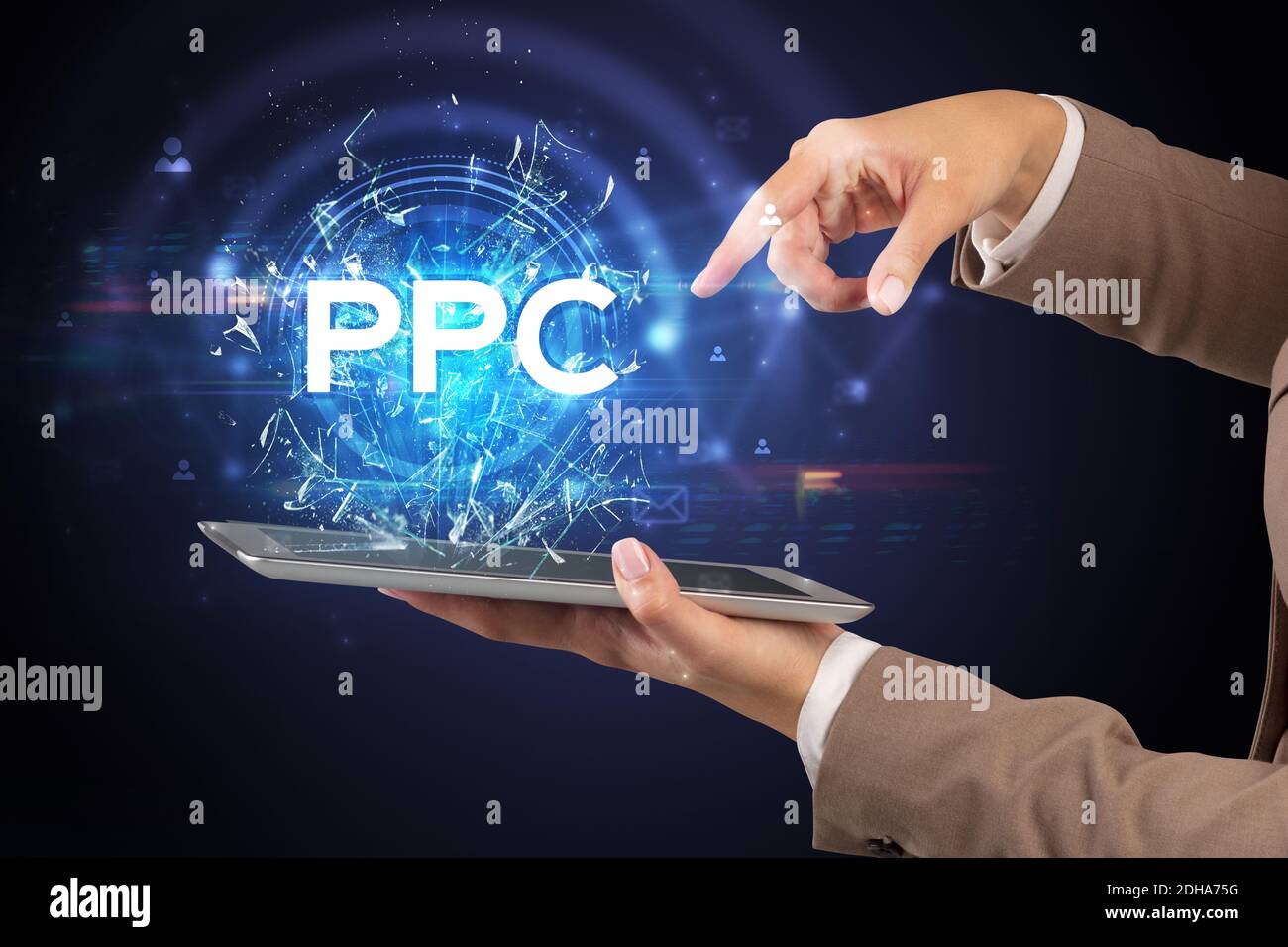 Close-up of a touchscreen with PPC abbreviation, modern technology ...