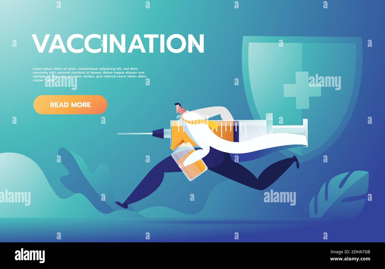 Doctor run with syringe. Vaccination against virus, needle and drug ...