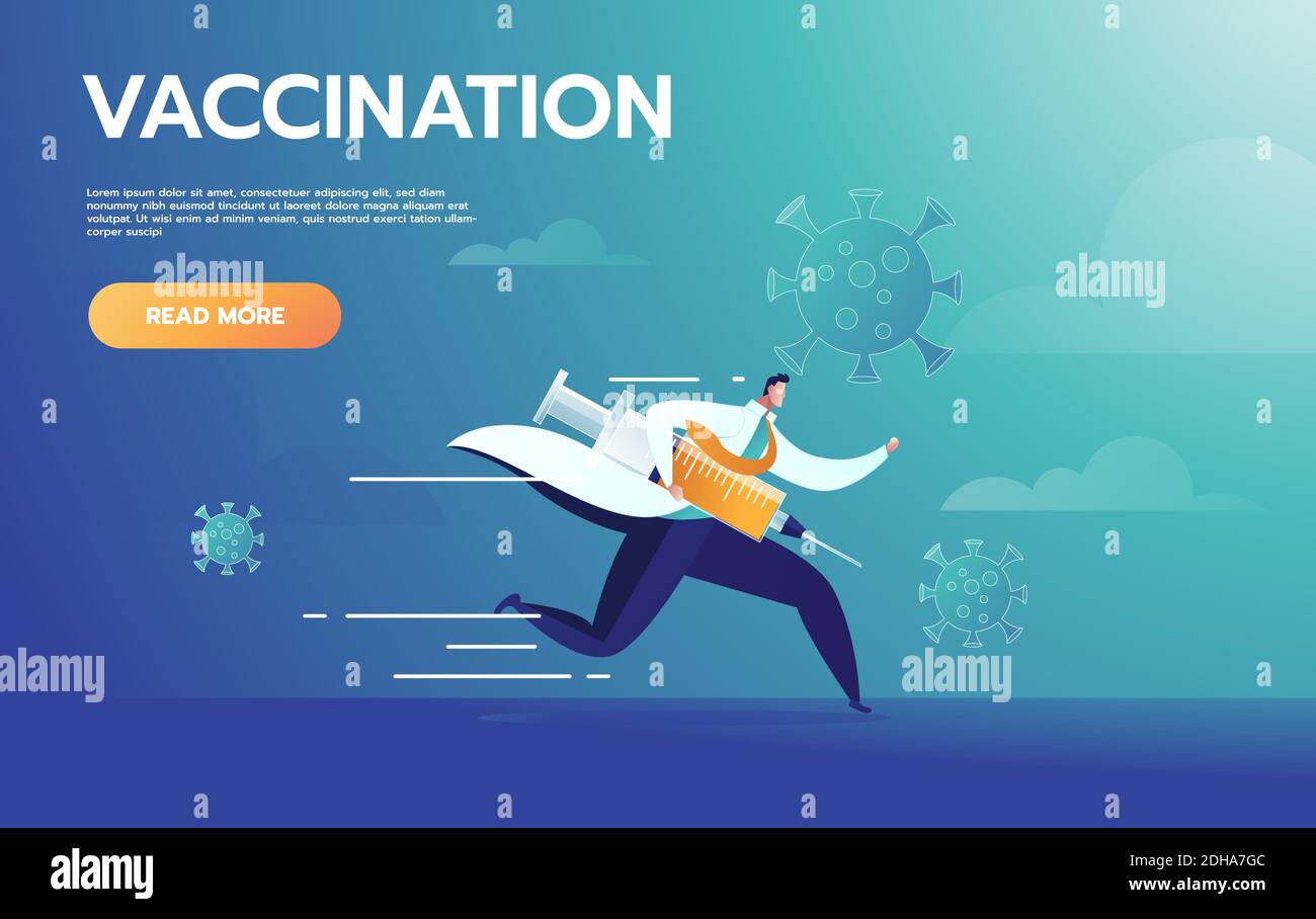 Doctor run with syringe. Vaccination against virus, needle and drug ...
