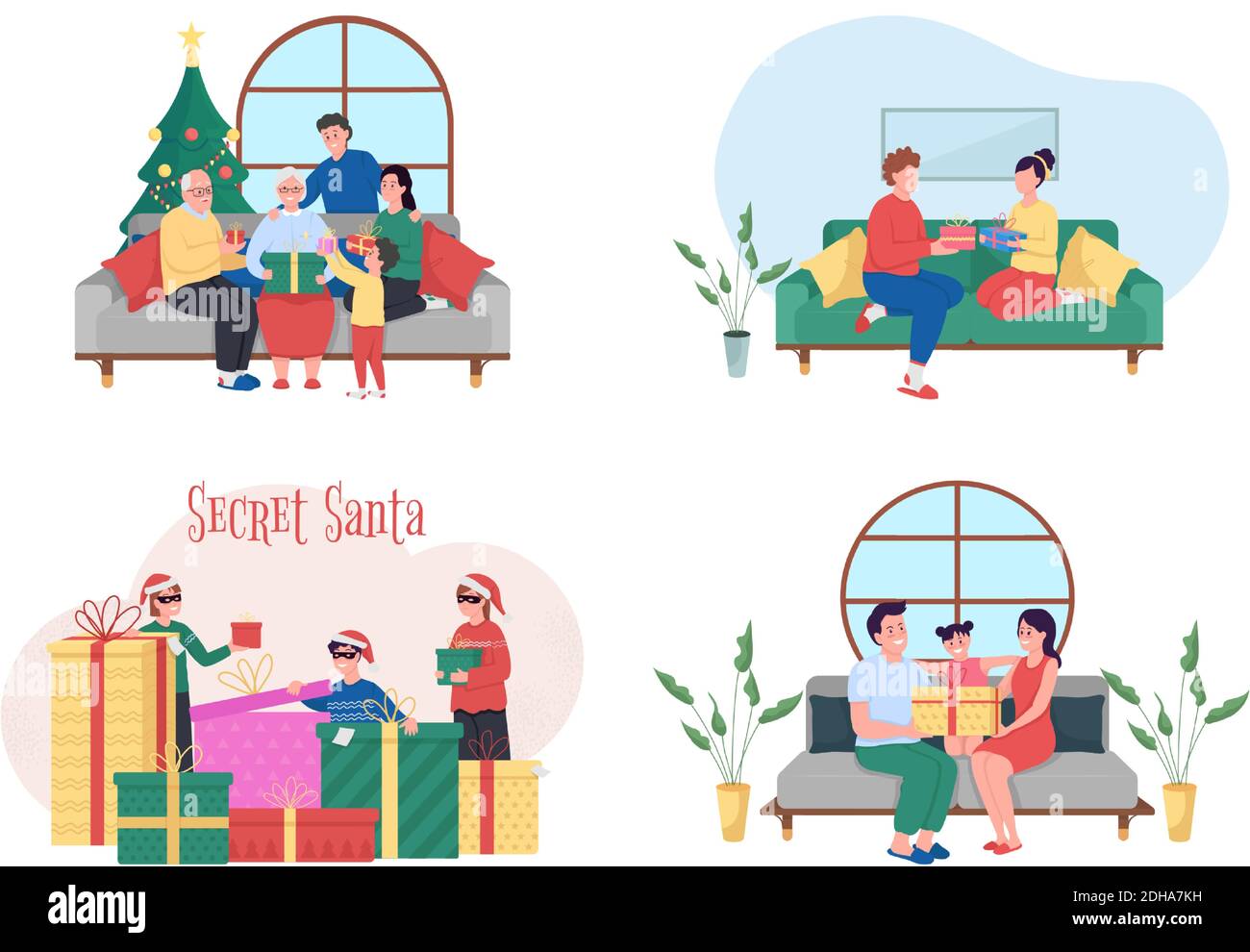 Christmas gift exchange 2D vector web banner, poster set Stock Vector ...