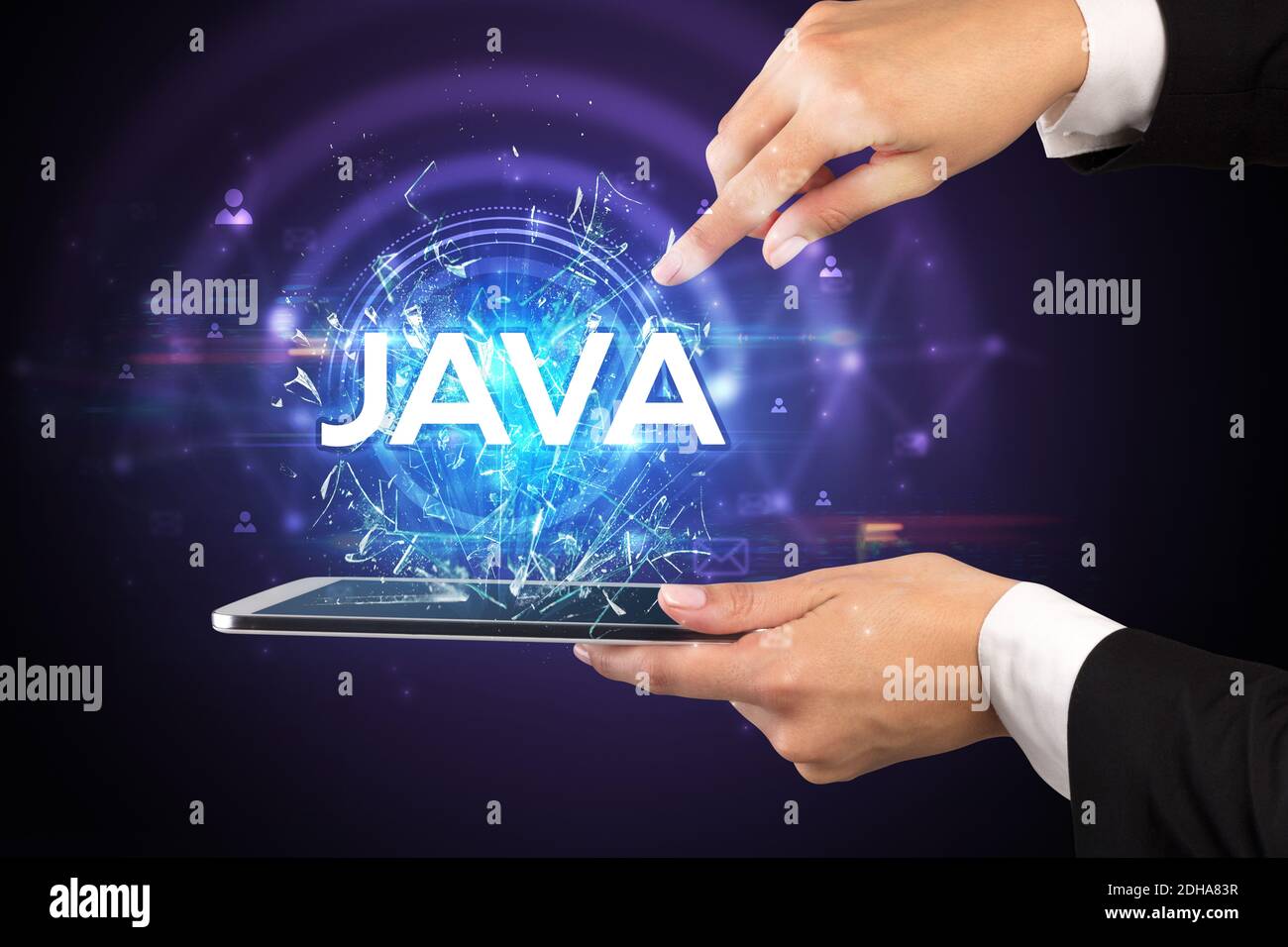 Close-up of a touchscreen with JAVA abbreviation, modern technology ...