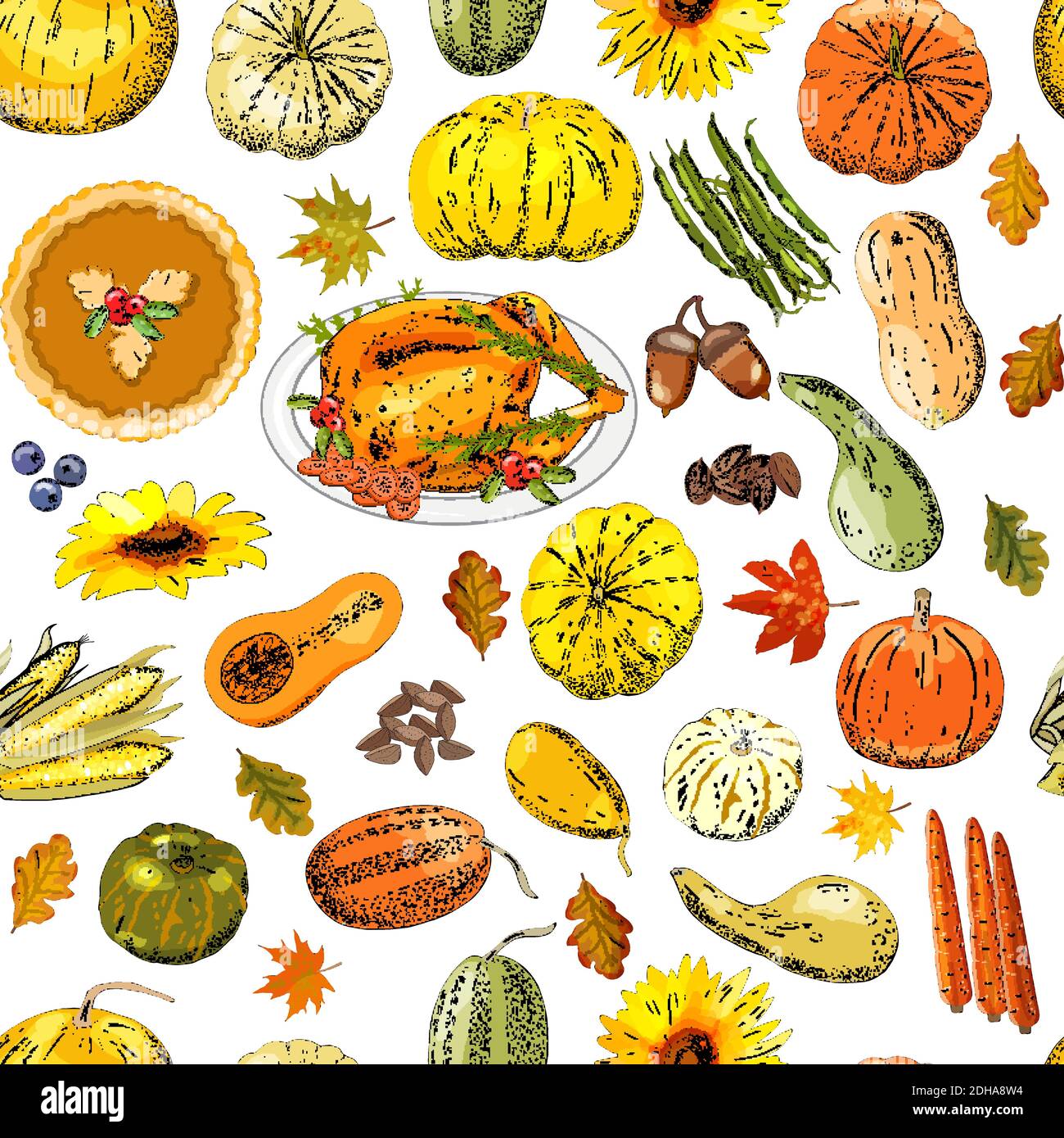 Thanksgiving Day seamless pattern with turkey, colorful pumpkins ...