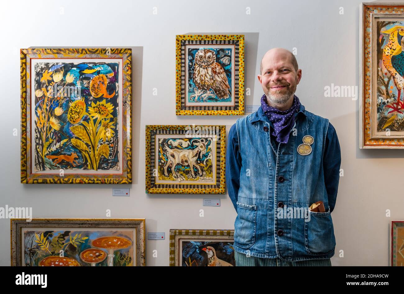 Mark Hearld, artist with colourful prints in a Scottish Gallery ...