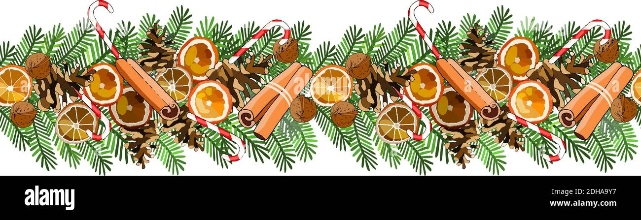 Seamless border with cinnamon sticks, dried oranges, caramel cane ...
