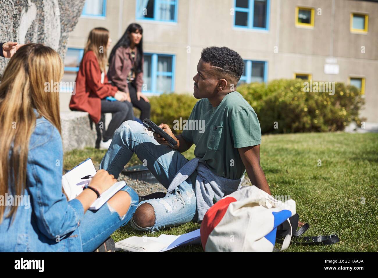 Young friends studying while university friends talking at campus Stock ...