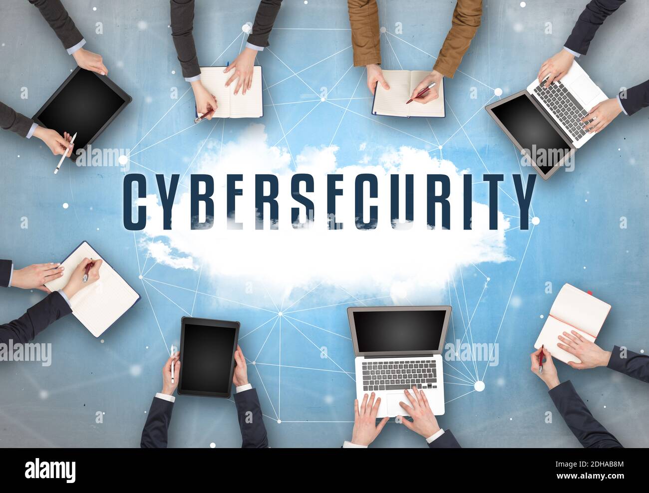 Group of people having a meeting with CYBERSECURITY insciption, web ...