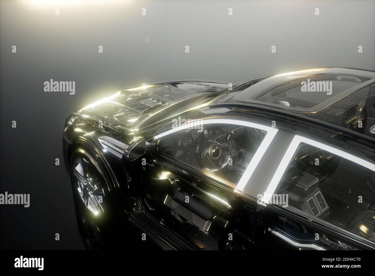 Engine and other parts visible in car Stock Photo - Alamy