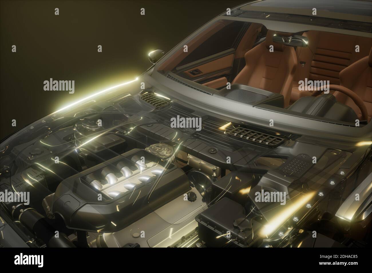 Engine and other parts visible in car Stock Photo - Alamy