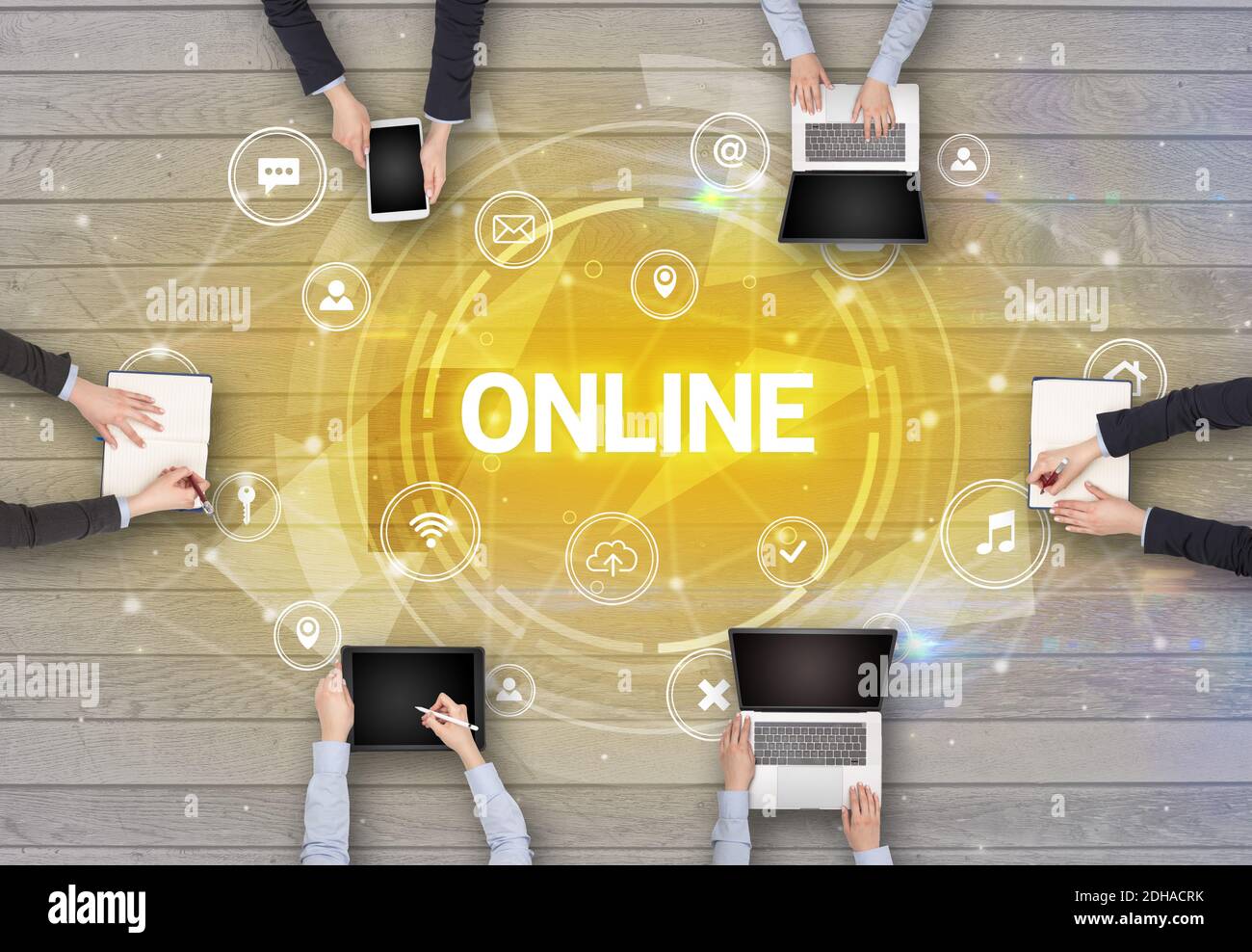 Group of people having a meeting with ONLINE insciption, social ...