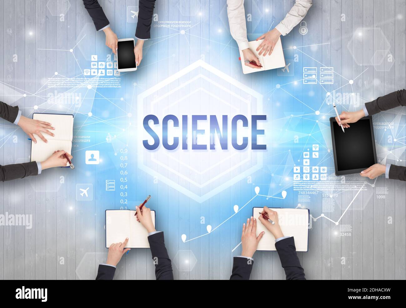 Group of Busy People Working in an Office with SCIENCE inscription ...