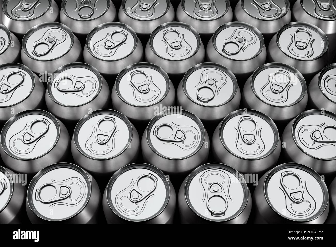 Group of silver recyclable aluminum cans from above closeup full frame ...