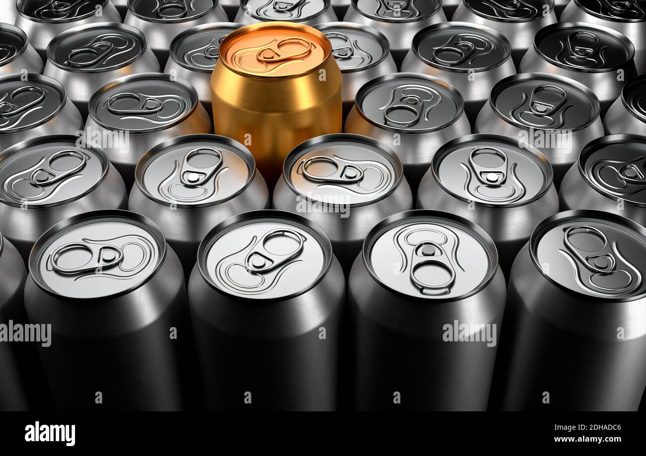 Unique golden can among group of silver recyclable cans cans. View from ...