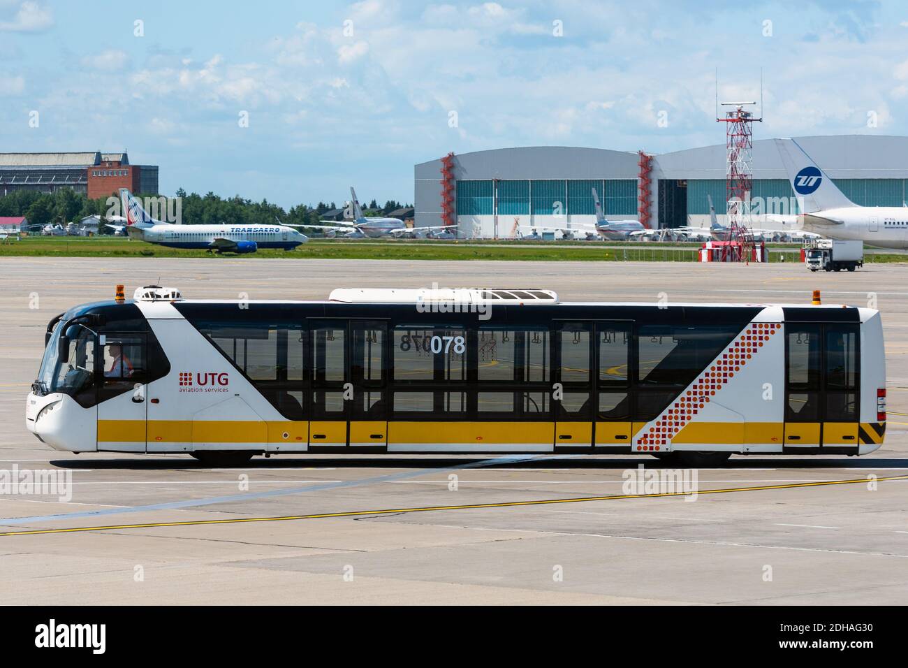 July 2, 2019 Moscow, Russia. Passenger bus at Vnukovo airport Stock ...