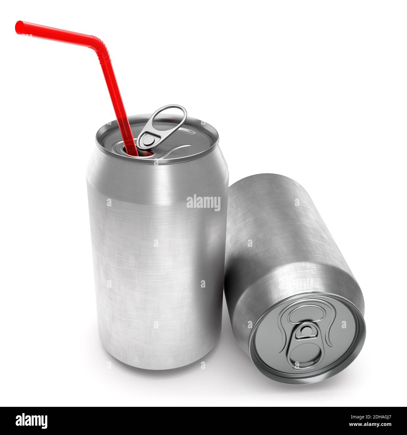 Silver aluminum beer or soda cans with red straw isolated on white ...