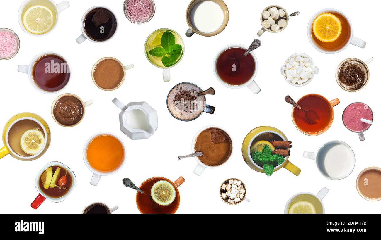 Lot of different cups with drinks and desserts isolated on white Stock ...