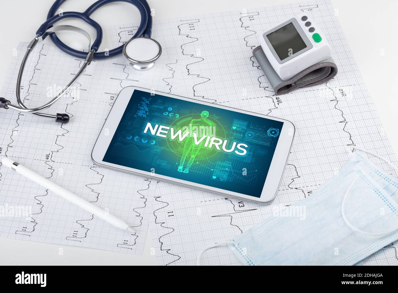 Tablet pc and doctor tools with NEW VIRUS inscription, coronavirus ...