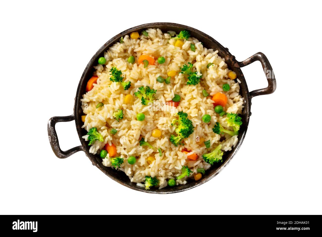 Vegetable rice, top shot, isolated on a white background with a ...