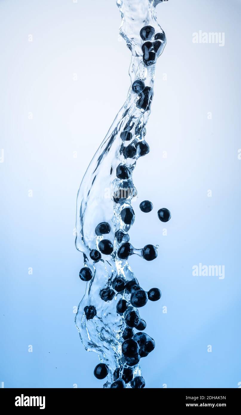 Fresh blueberries with water splash in midair, isolated on light blue ...