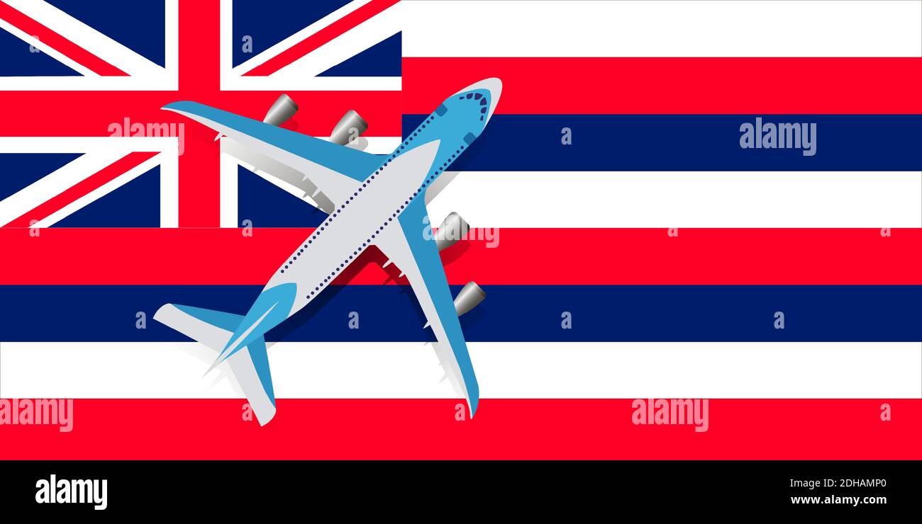 Vector Illustration of a passenger plane flying over the flag of Hawaii ...