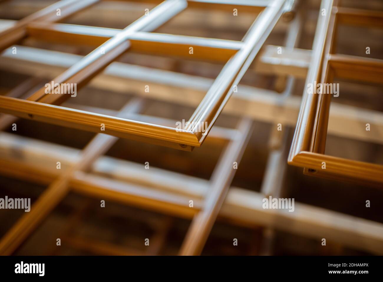 Wooden window frames at the carpentry before the painting process ...