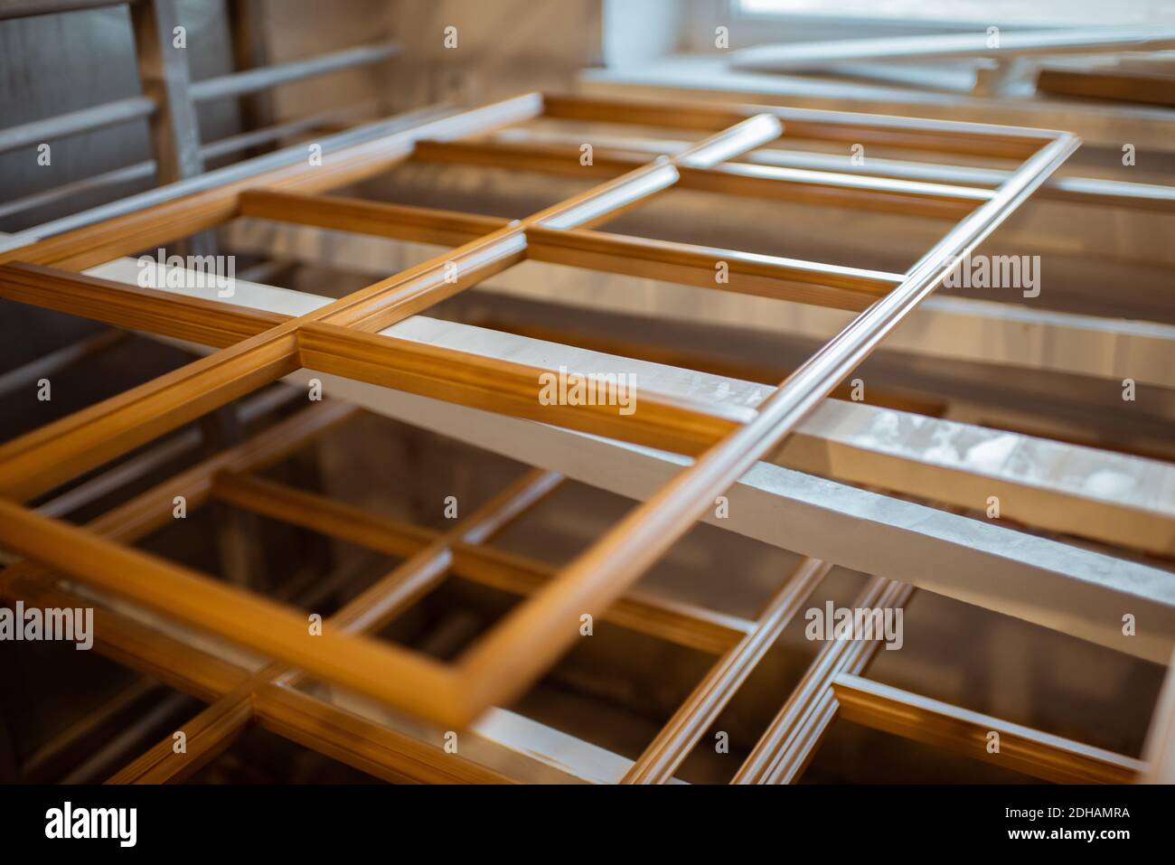 Wooden window frames at the carpentry before the painting process ...
