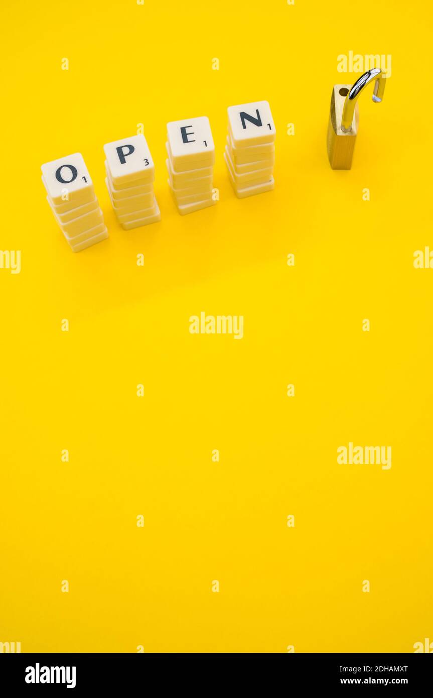 The four white letter block stacks forming the word OPEN with a padlock ...