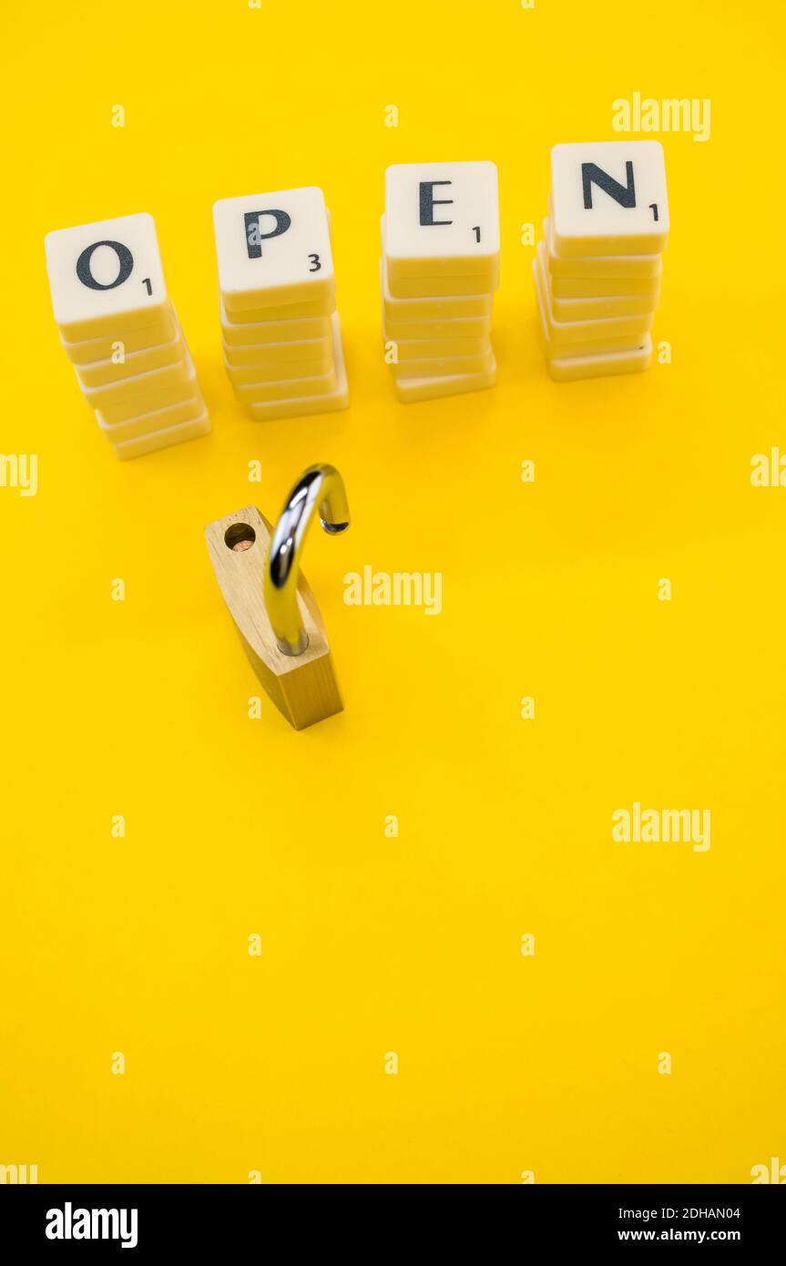 The four white letter block stacks forming the word OPEN with a padlock ...