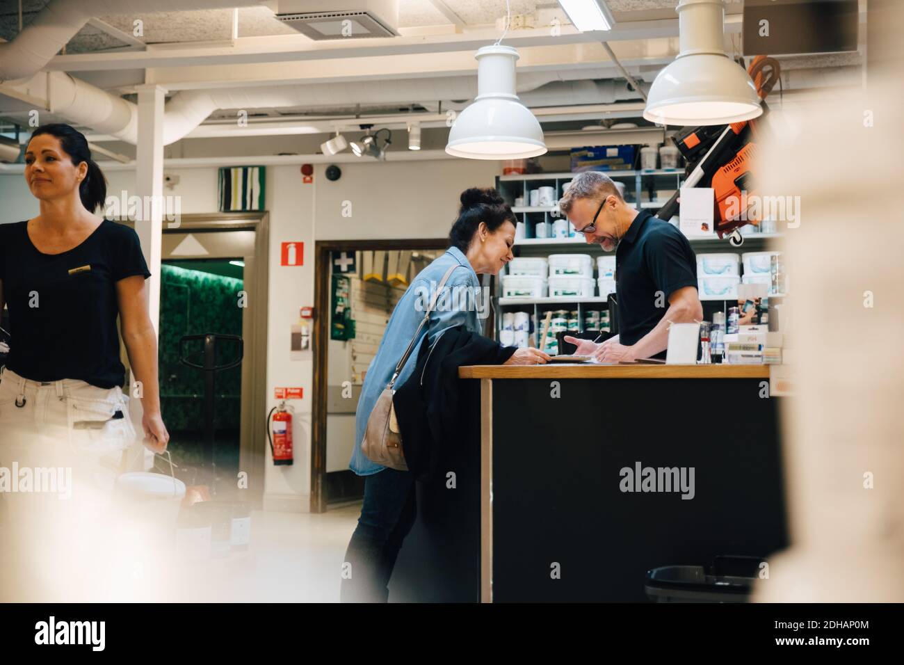Salesman assisting female customer at hardware store Stock Photo - Alamy