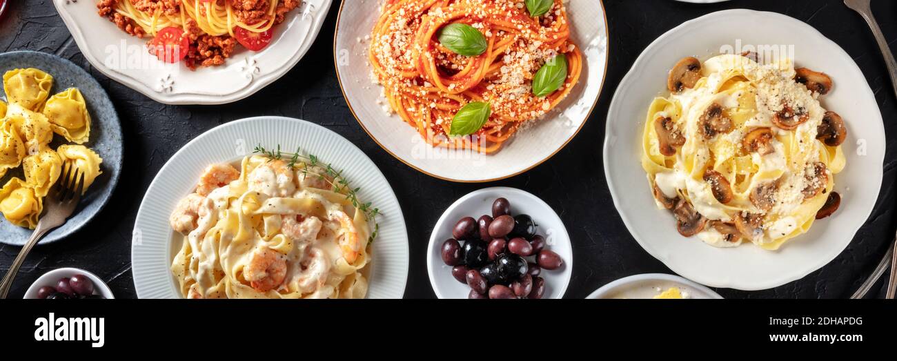 Italian food panorama. Various pasta dishes, overhead flat lay shot ...